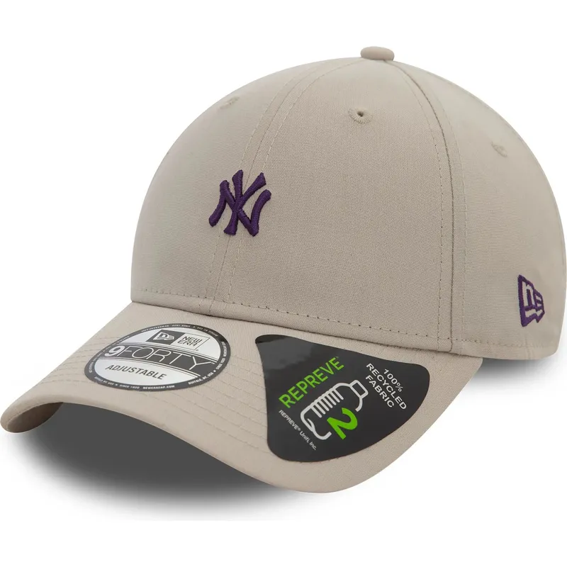 New Era Curved Brim Purple Logo 9FORTY REPREVE Mini Logo New York Yankees MLB Beige Adjustable ...